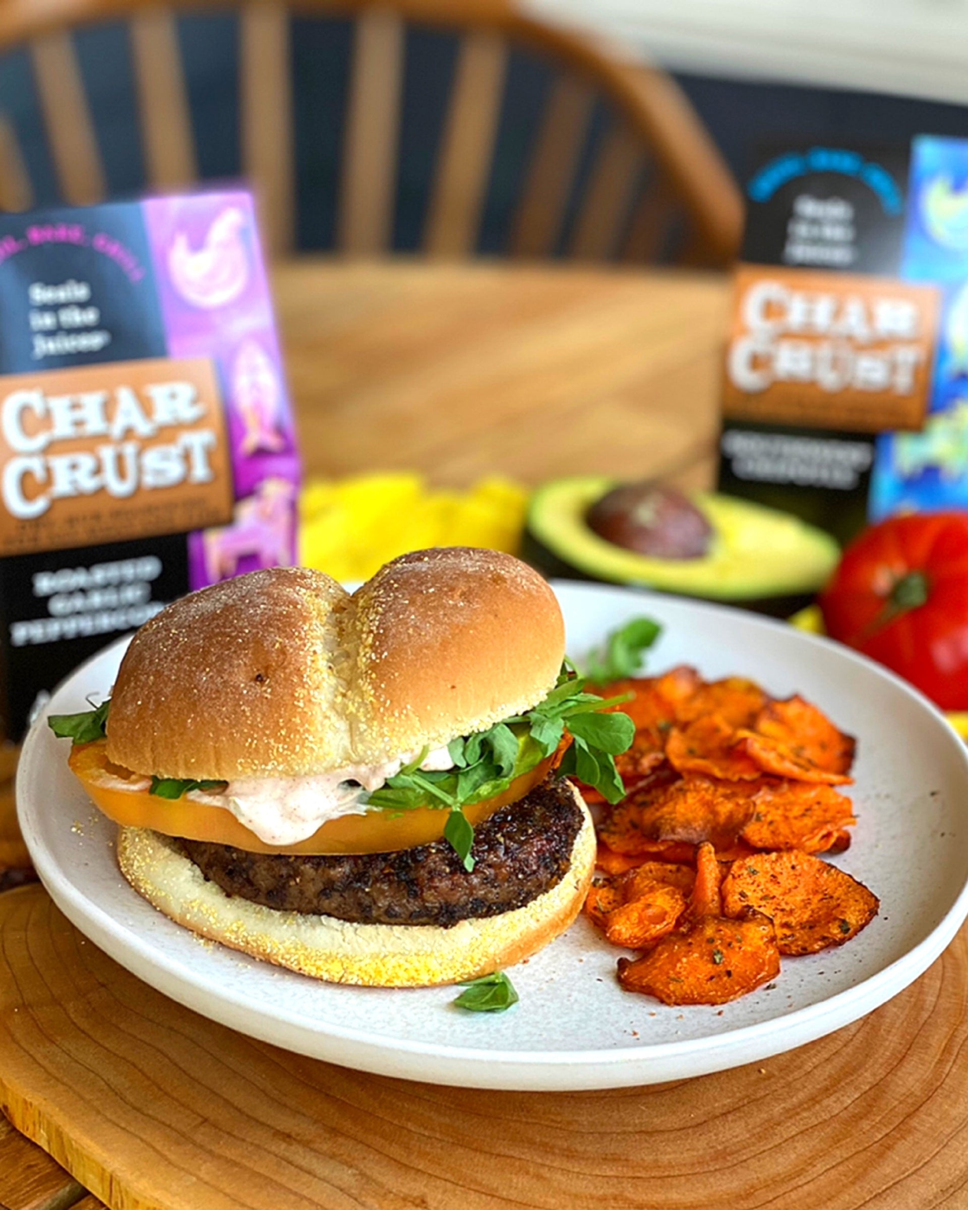 Roasted Garlic Peppercorn Plant-Based Burger & Sweet Potato Chips ...