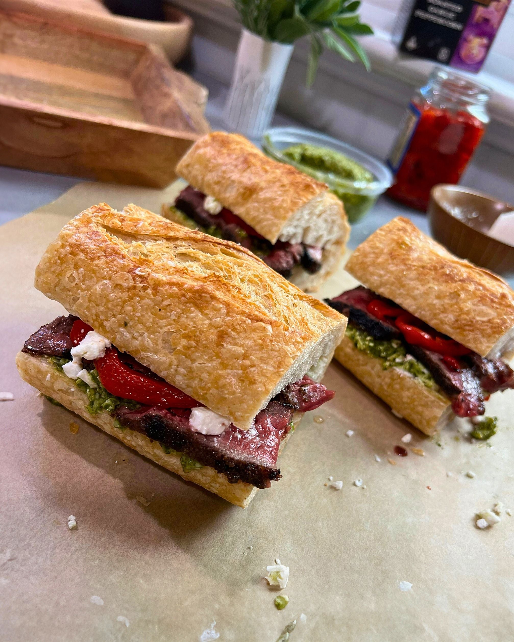 Char Crust Steak Sandwiches - with Pesto, Goat Cheese & Roasted Peppers – Char Crust® Dry-Rub ...